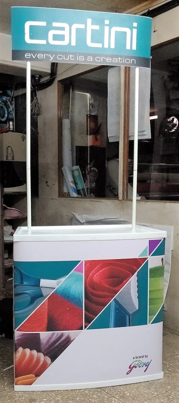 Promotion Counter Booth Branded With Company Colours & Product Images